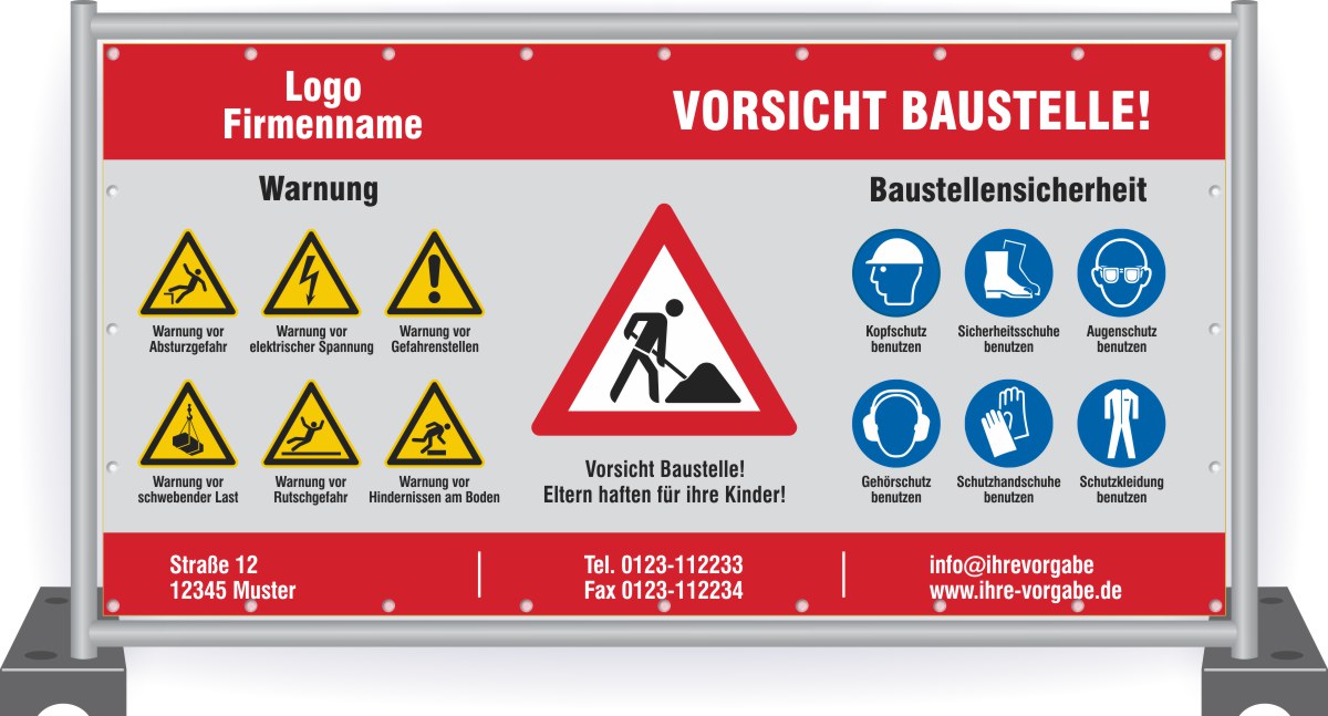 Baustellenbanner Vorsicht Baustelle mit Sicherheitszeichen